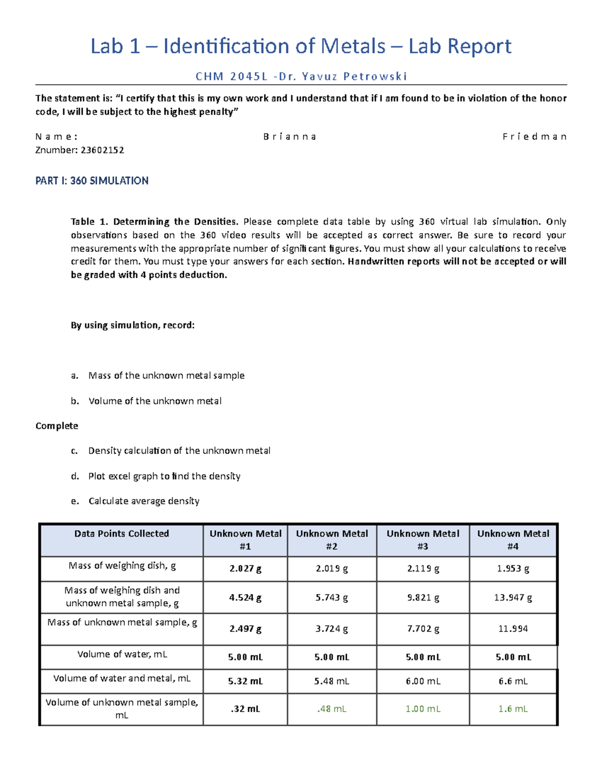 Lab 1 Density Lab Report Online 1 - Lab 1 – Iden+fica+on of Metals ...