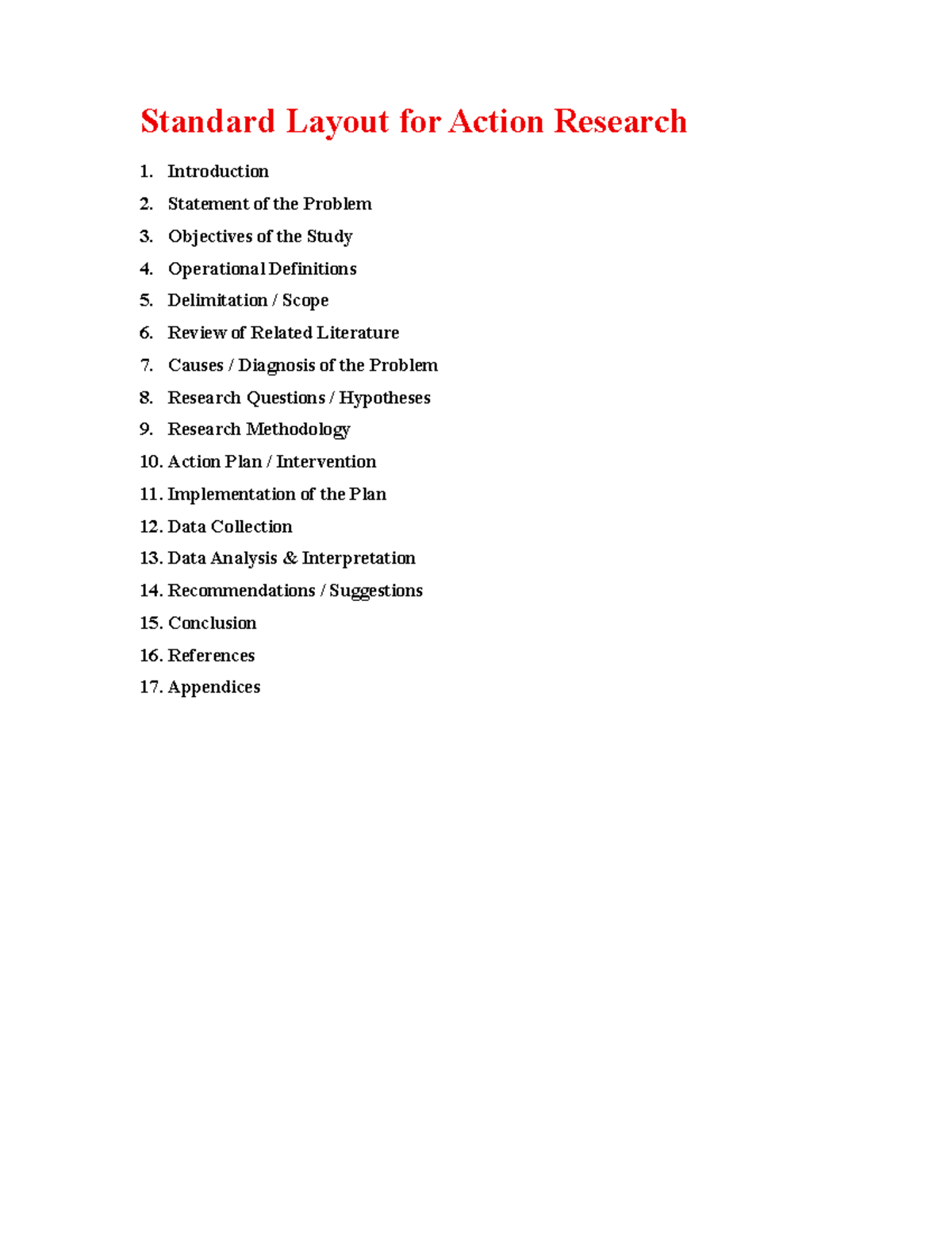 Standard Layout for Action Research - Introduction 2. Statement of the ...