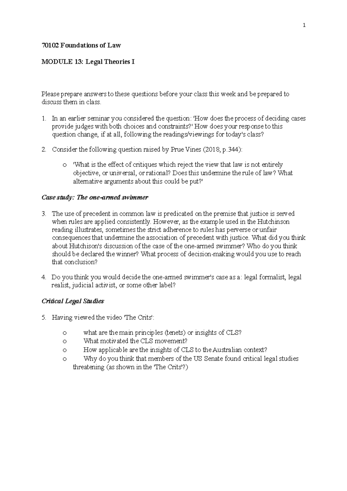 Module 13 (Legal Theories I) Discussion Questions - 1 70102 Foundations ...