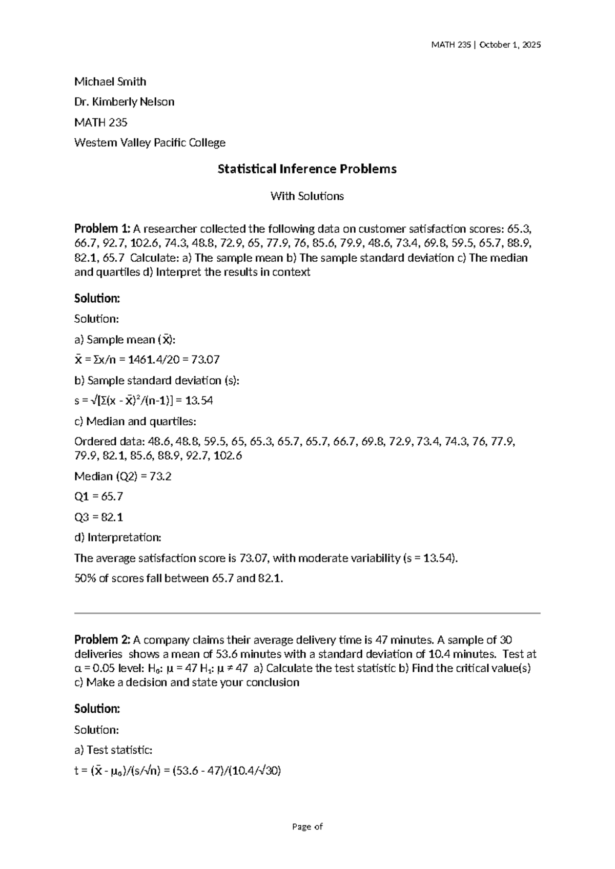 MATH 235 Statistical Inference Problems & Solutions - Studocu