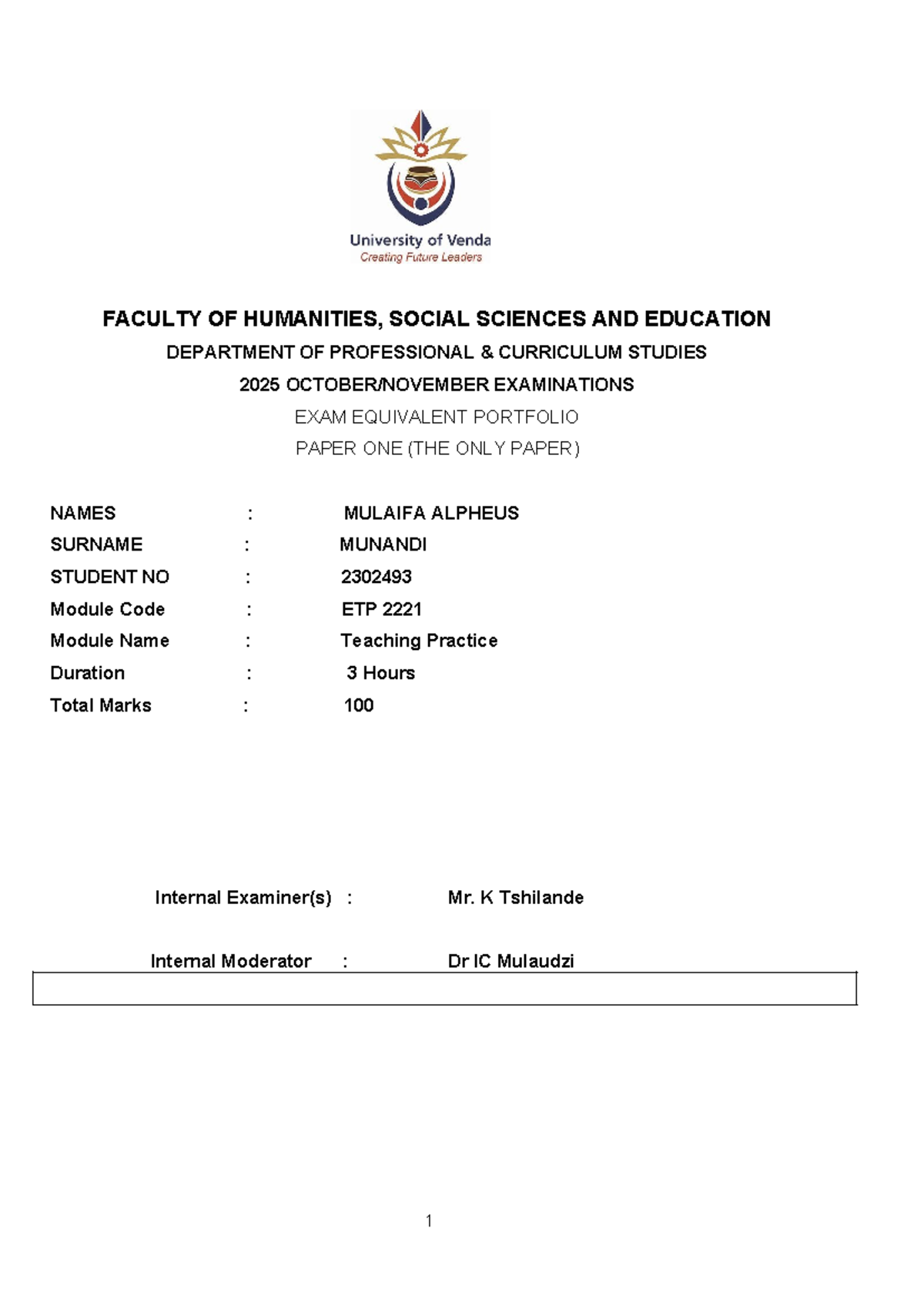 ETP 2224 Examination Portfolio: Teaching Practice Reflection and ...