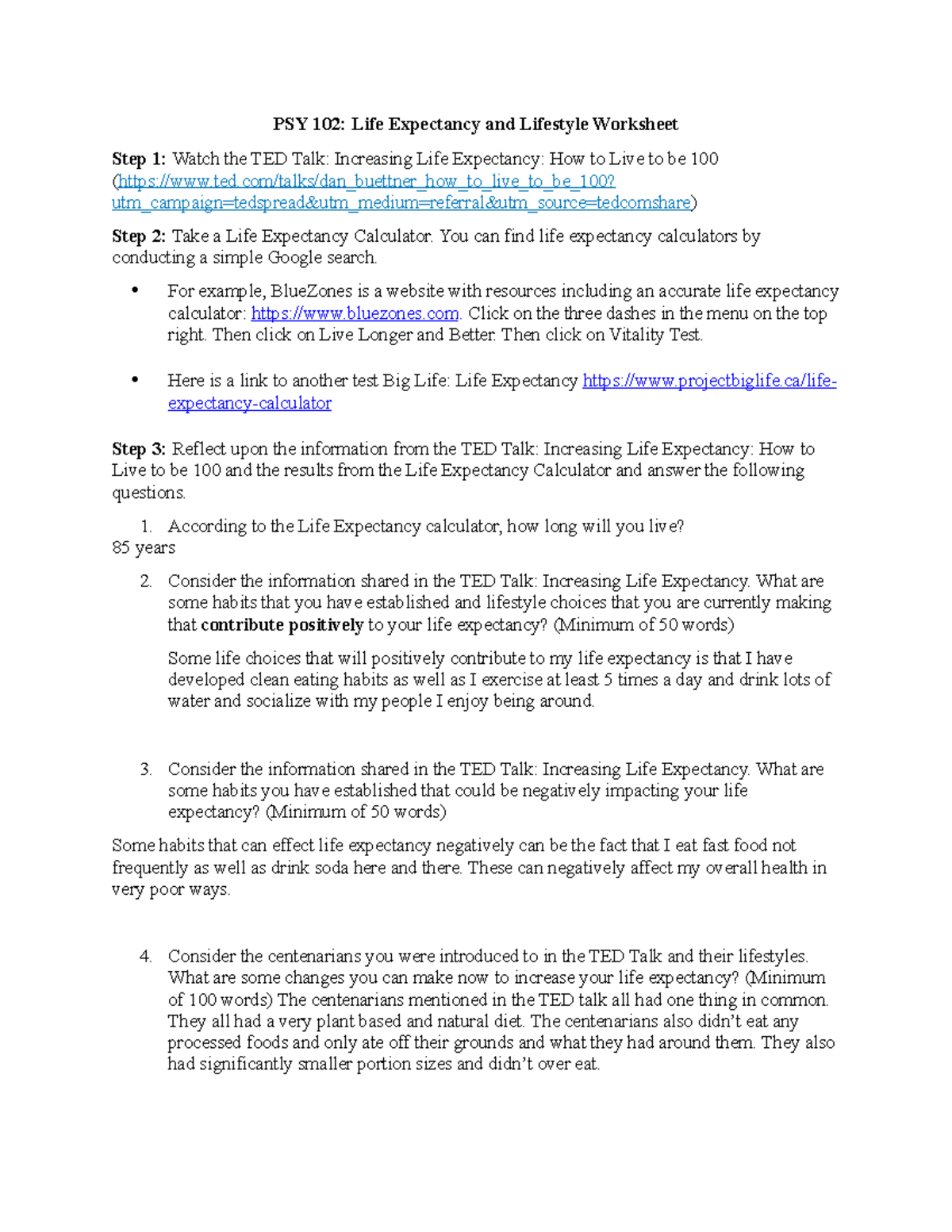 Life Expectancy Wkst - PSY 102: Life Expectancy and Lifestyle Worksheet ...