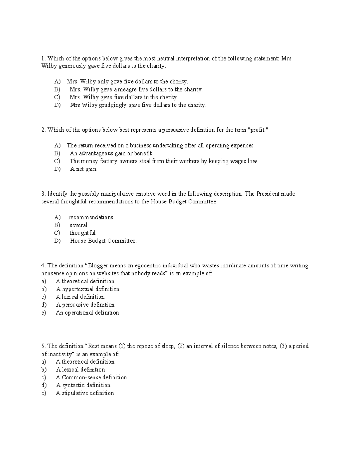 Practice Questions 4 - Which of the options below gives the most ...
