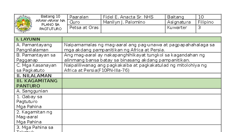 DLP in Filipino 10 - Lesson Plan on African and Persian Mythology - Studocu