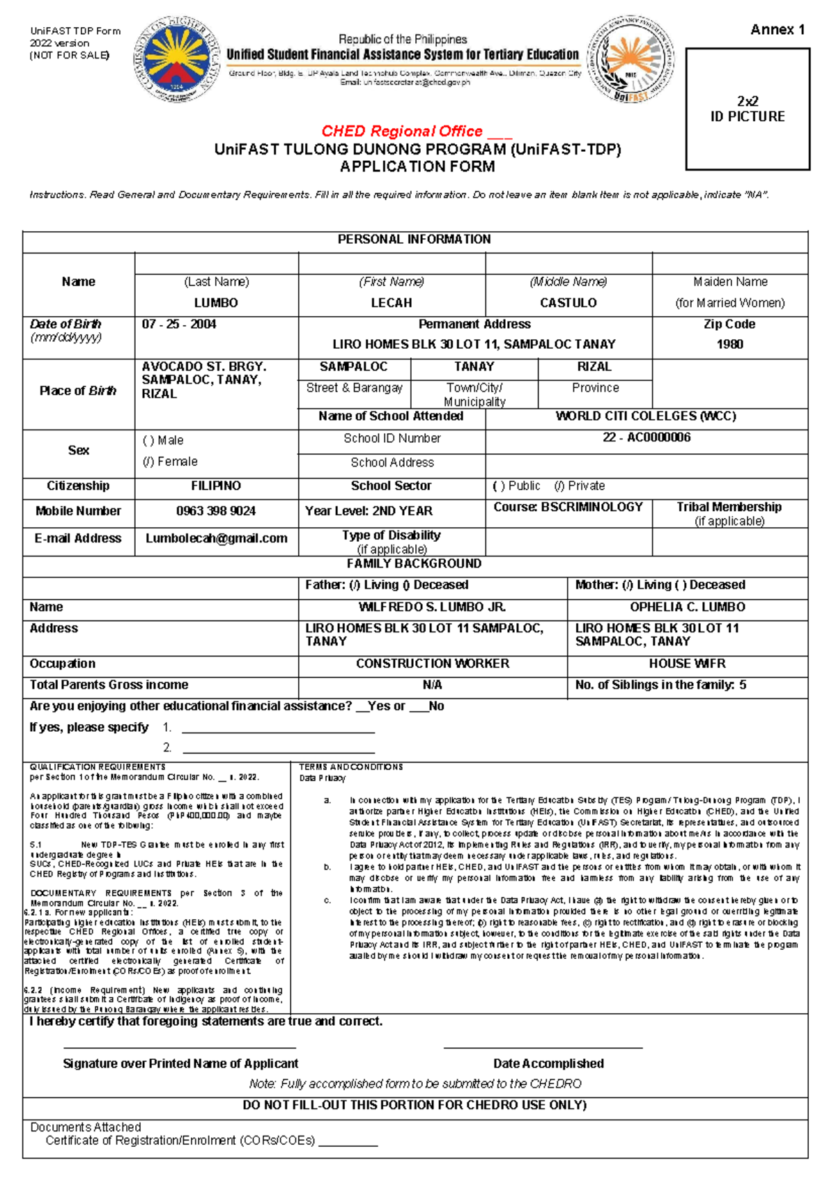UniFAST-TDP Application Form (Annex 1) - 2022 Version - Studocu