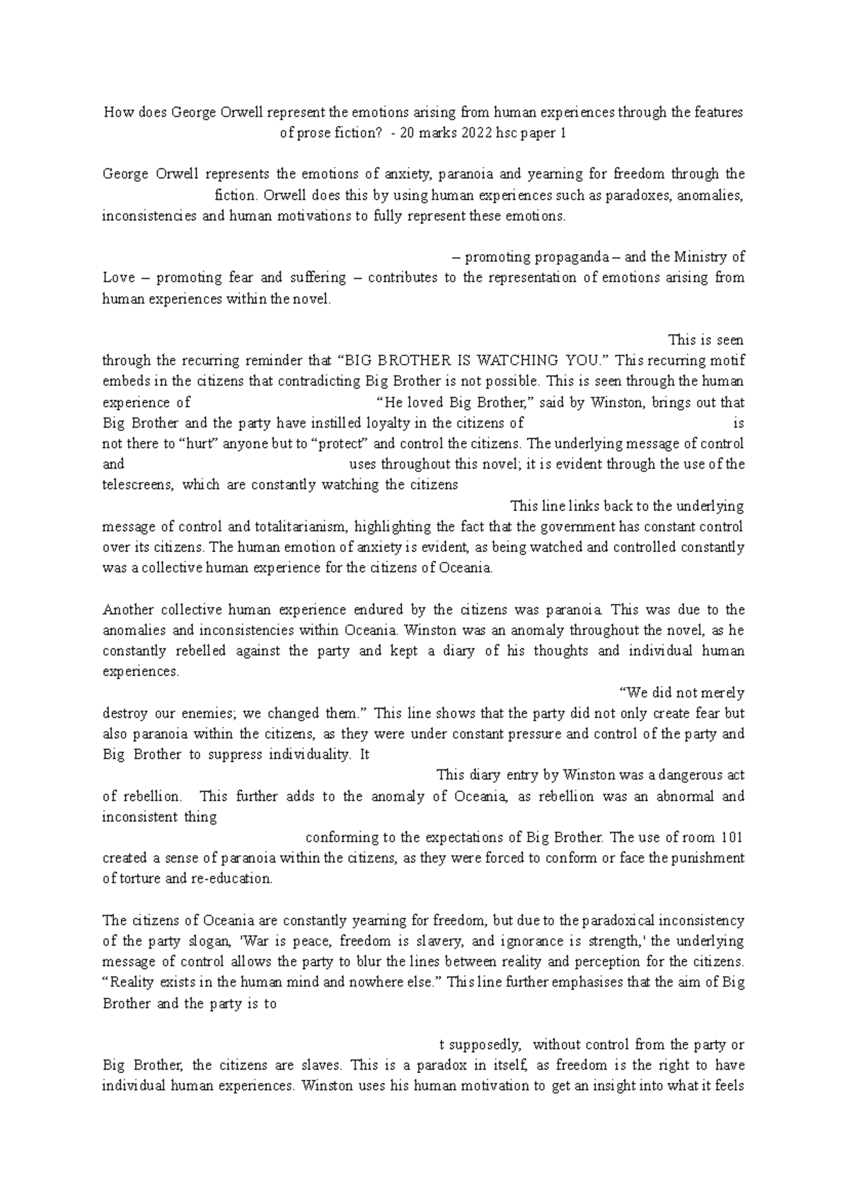 2022 HSC English Paper 1: Orwell's Prose Fiction & Human Emotions - Studocu