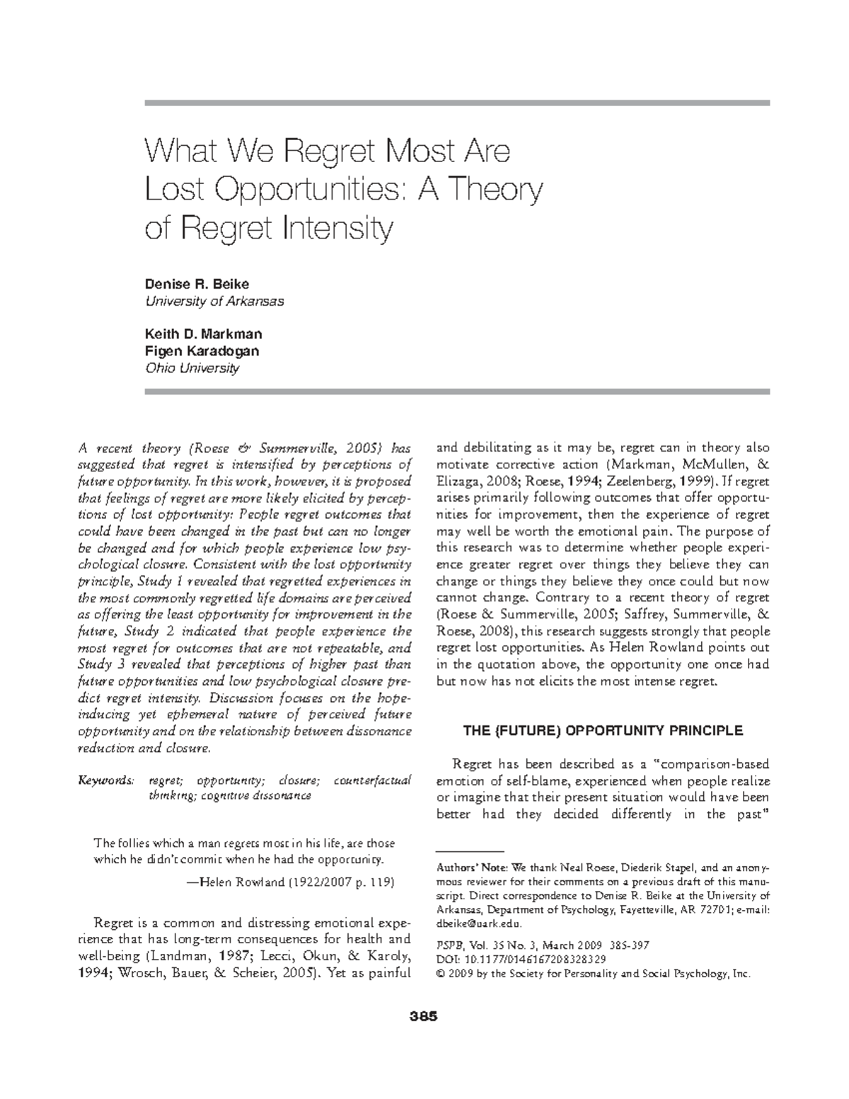 R12 - Lost Opportunities and Regret Intensity: A Psychological Analysis ...