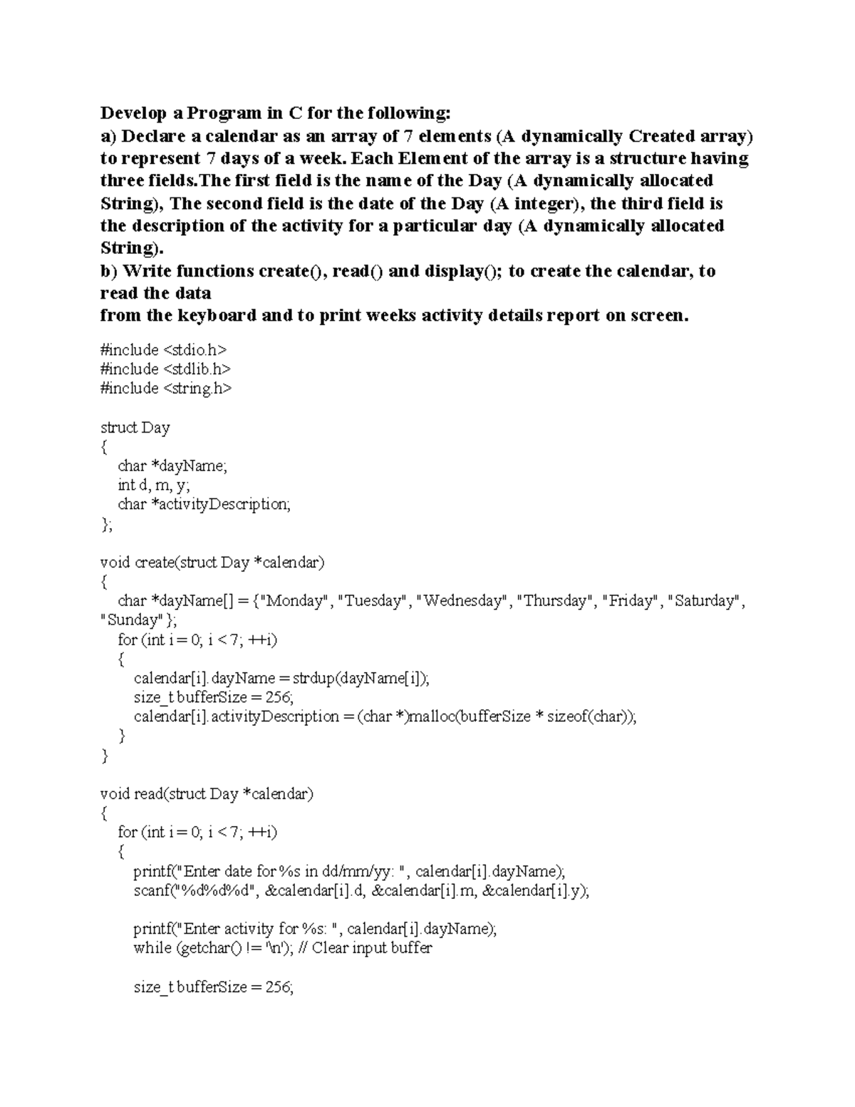 C Programming: Dynamic Calendar Array Implementation (Dslab-Program 1 ...