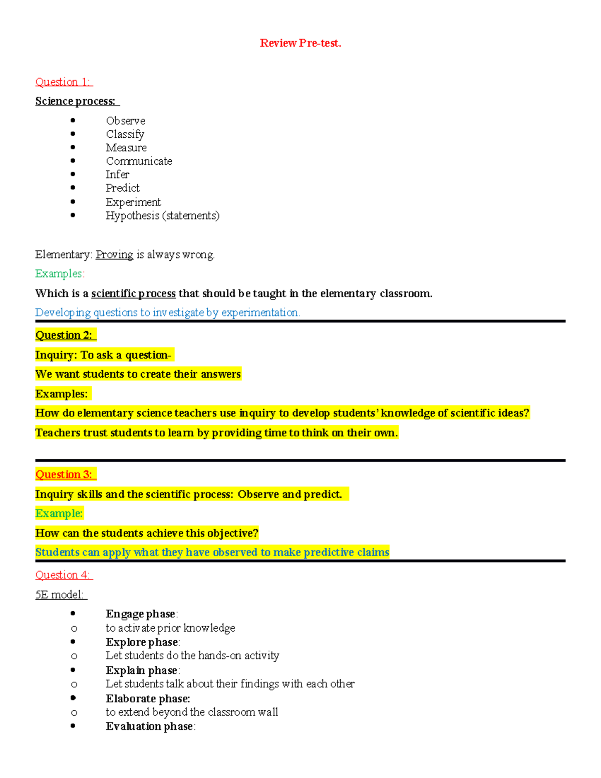 Review Pre-test - Science Inquiry & 5E Model Activities - Studocu