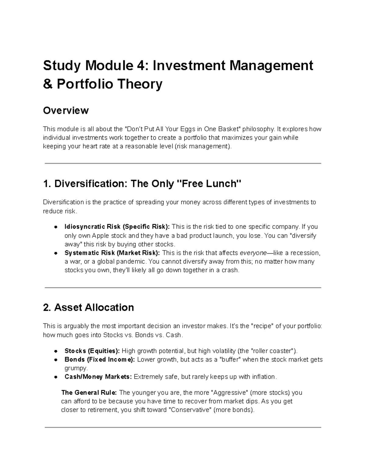 Investment Management & Portfolio Theory: Module 4 Overview - Studocu