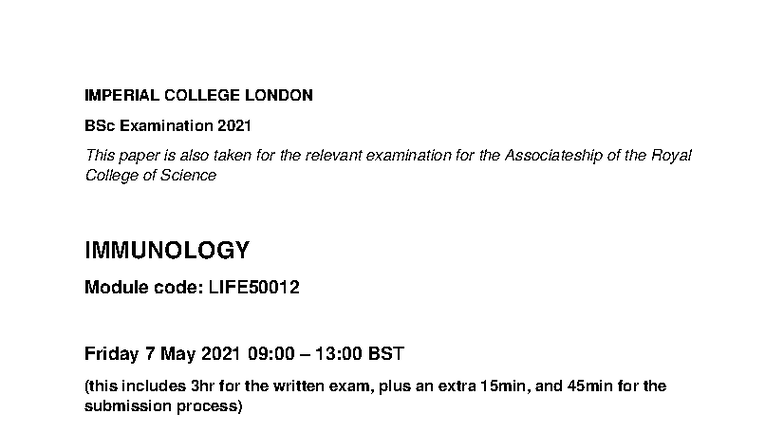 LIFE50012 Immunology BSc Exam Paper 2021 - Imperial College London ...