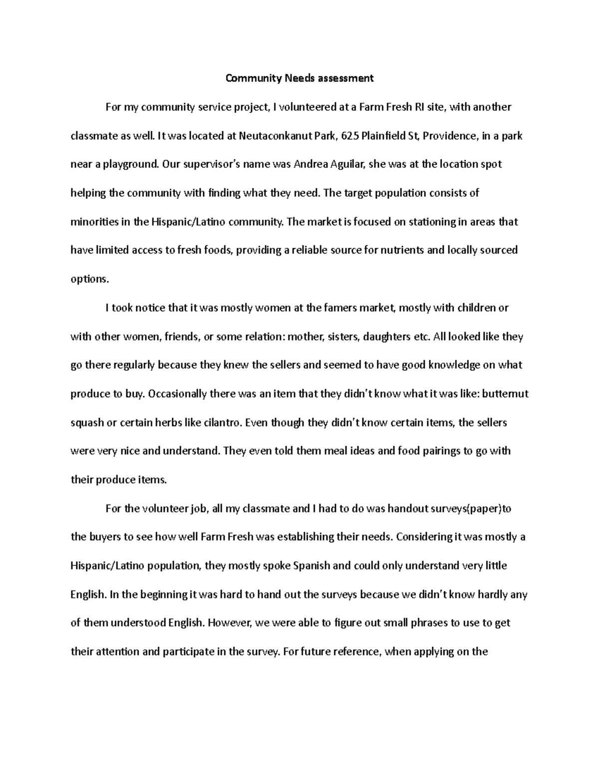 Community Service Learning Project - Community Needs assessment For my ...