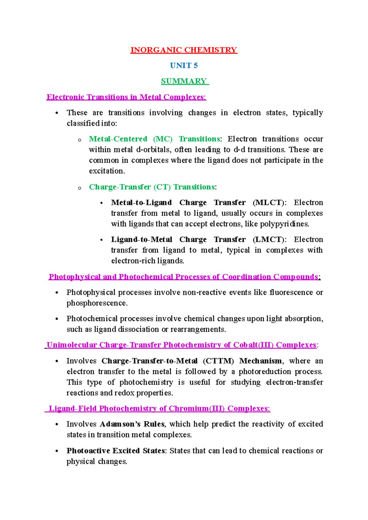MSC Inorganic Chemistry Unit 5: Electronic Transitions & Photochemical ...