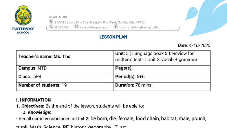 G5 W8 P5,6 Lesson Plan: Review for Midterm Test 1 - Unit 2 - Studocu