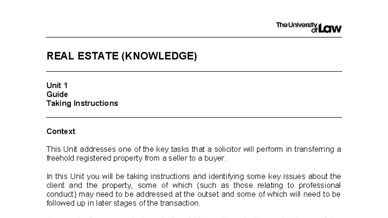 REAL ESTATE (KNOWLEDGE) Unit 1: Taking Instructions & Key Issues Guide ...
