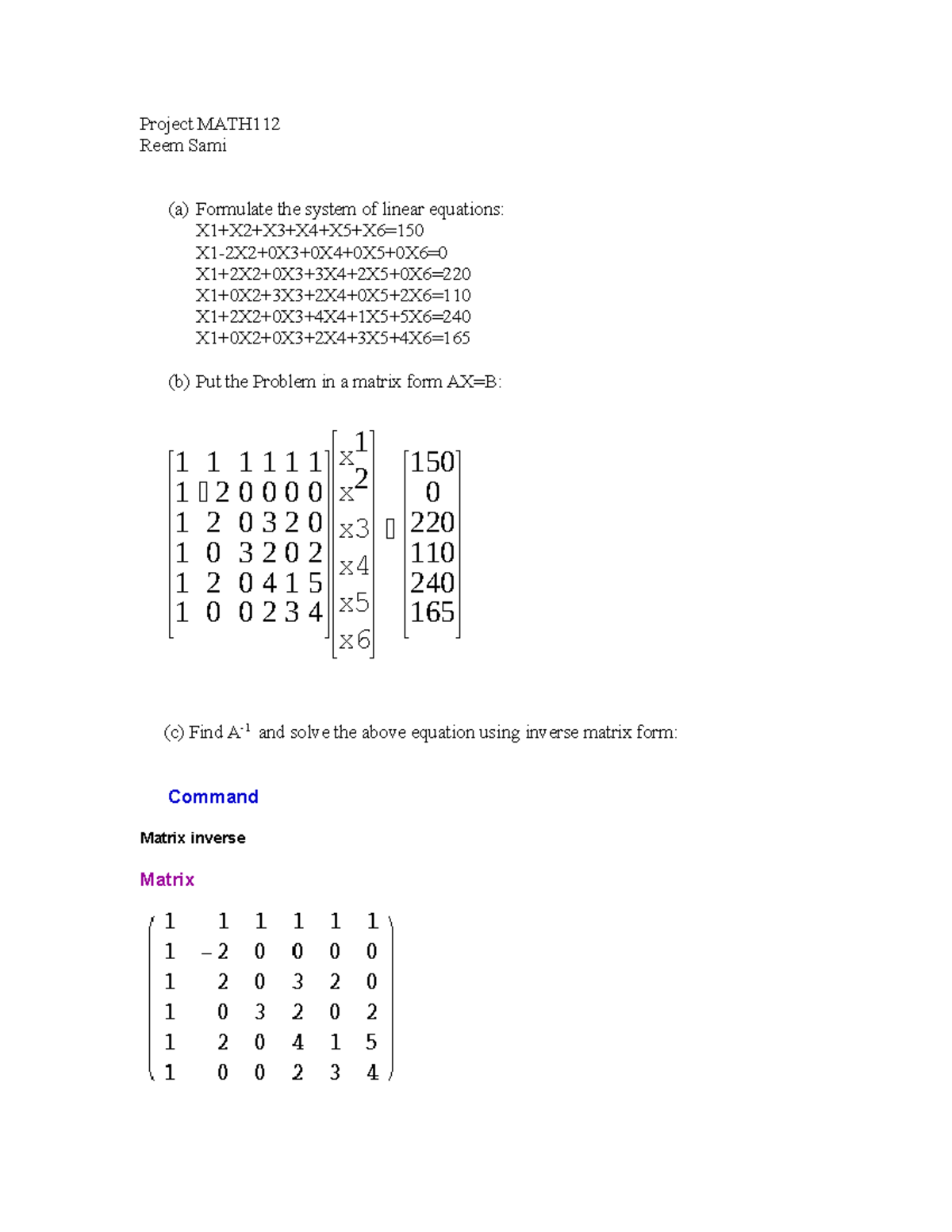 Project MATH112: Systems of Linear Equations and Matrix Solutions - Studocu
