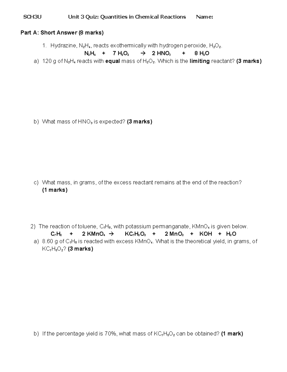 SCH3U Unit 3 Practice Questions: Chemical Reactions Quiz 2023 - Studocu
