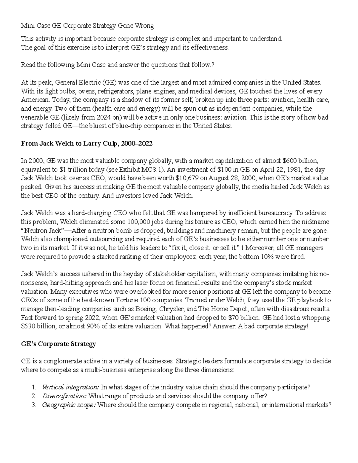 Mini Case Study: The Downfall of GE Corp's Corporate Strategy - Studocu