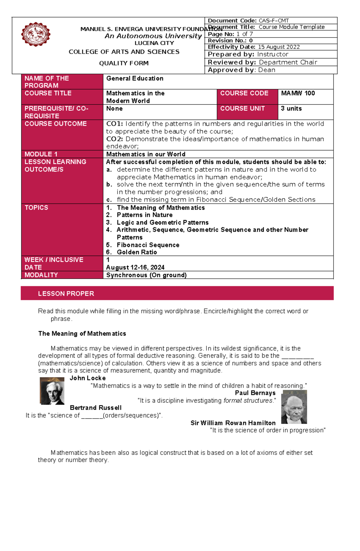 MAMW100 Module 1: Understanding Mathematics in the Modern World - Studocu