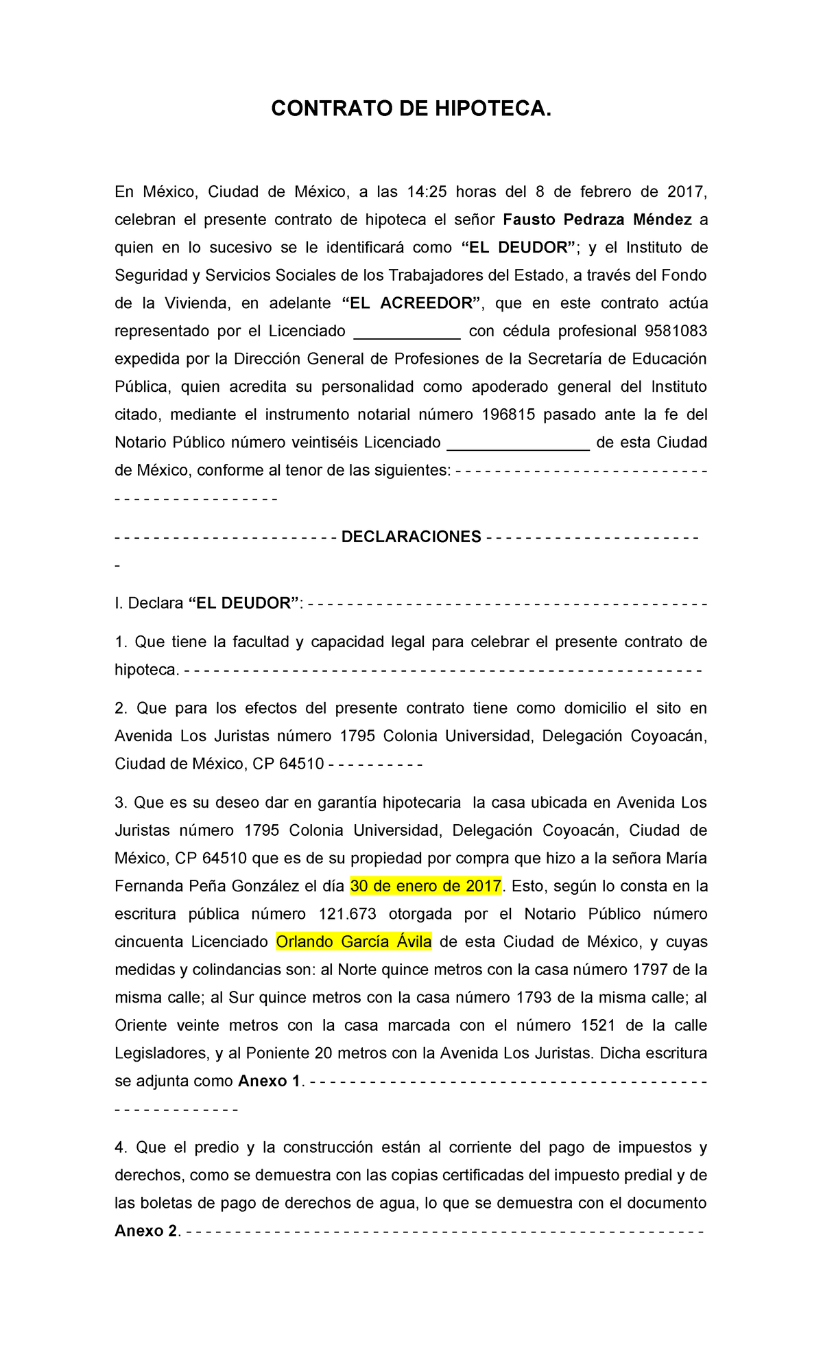 Contrato de Hipoteca entre Fausto Pedraza y ISSSTE - 2017 - Studocu