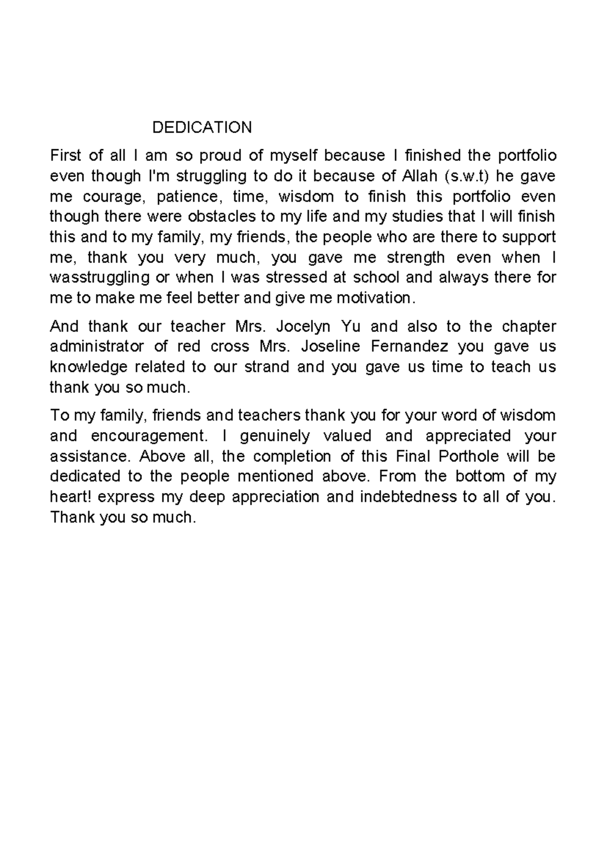 Dedication for Final Portfolio in Academic Course - Studocu