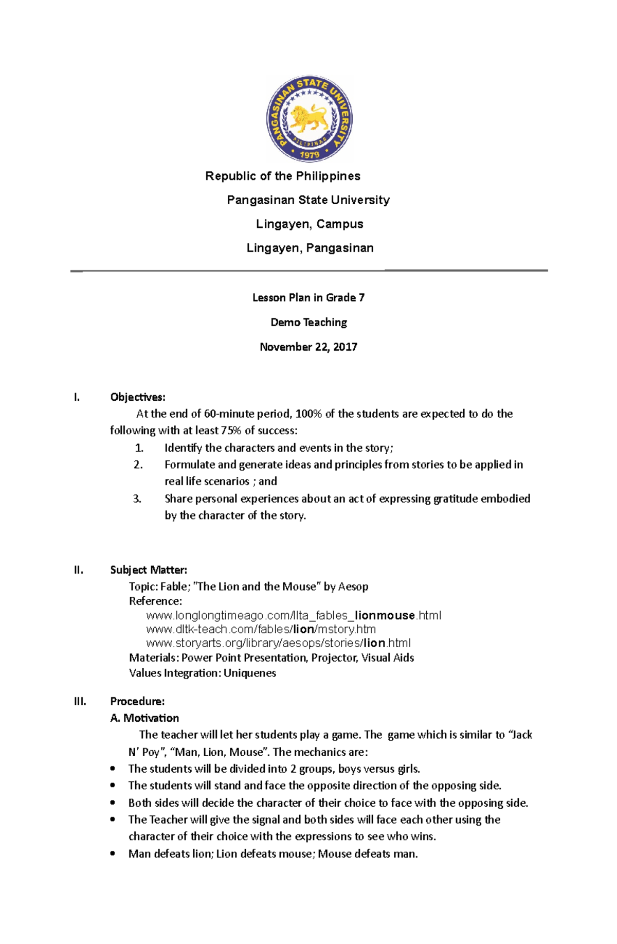The Lion and the Mouse Lesson Plan - Bachelor of Secondary Education ...