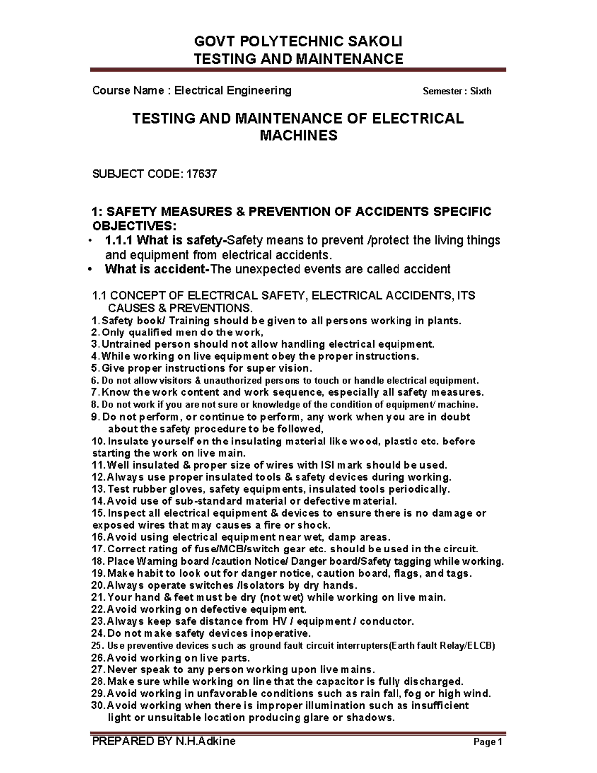 GOVT POLYTECHNIC SAKOLI 6TH SEMESTER TESTING & MAINTENANCE OF ...