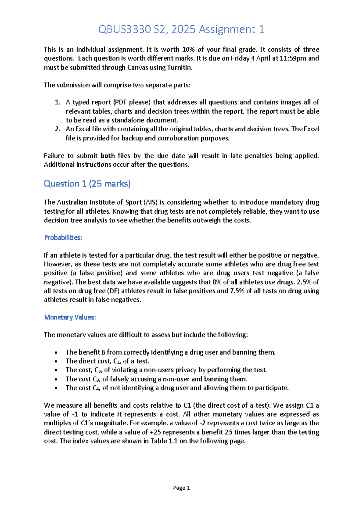 QBUS3330 S2 2025 Assignment 1: Decision Analysis & Sensitivity Study - Studocu