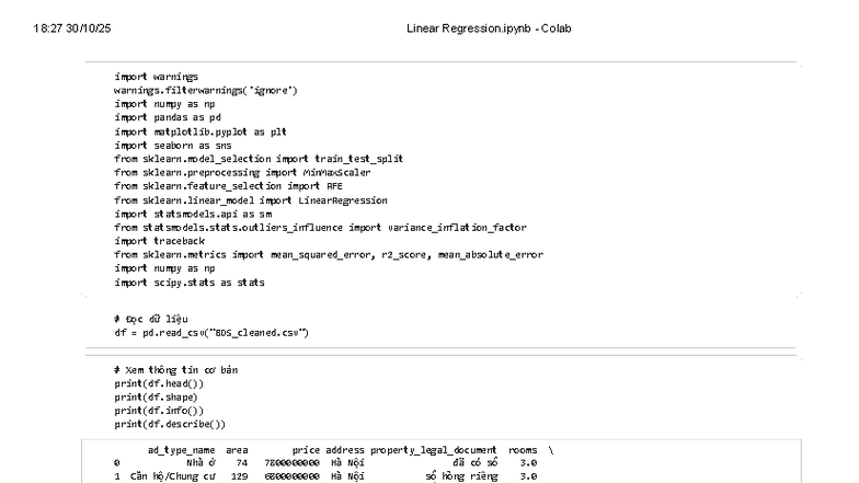 Linear Regression Analysis for Real Estate Data (Course Code: 18:27 ...