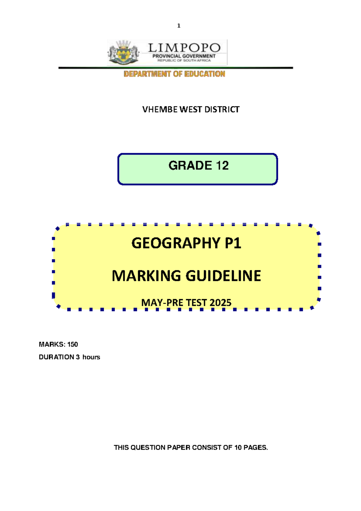 NSC Geography Grade 12 P1 Marking Guidelines Memo - Pre June 2025 - Studocu