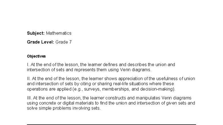 Mathematics Lesson Plan: Union & Intersection of Sets (Grade 7) - Studocu