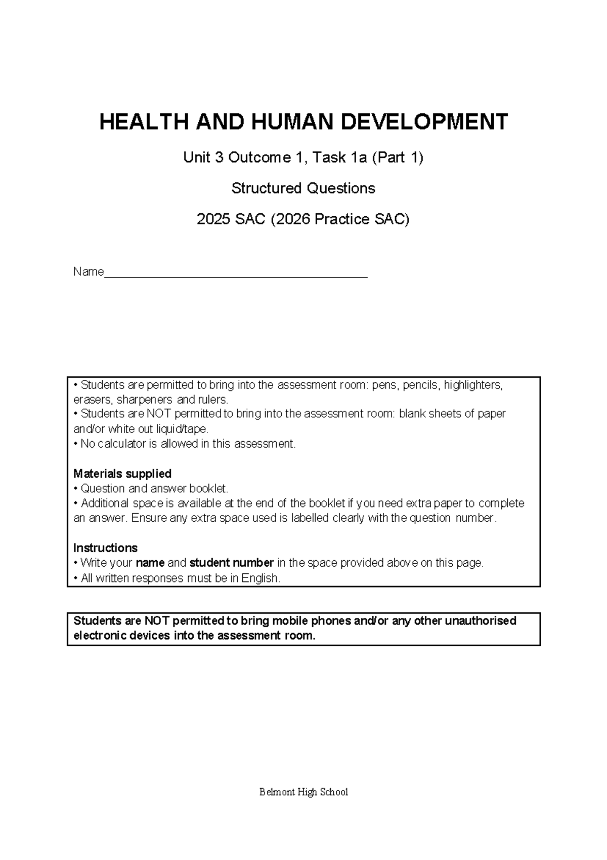 HEALTH AND HUMAN DEVELOPMENT Unit 3 - 2025 SAC1(A) Practice Exam - Studocu