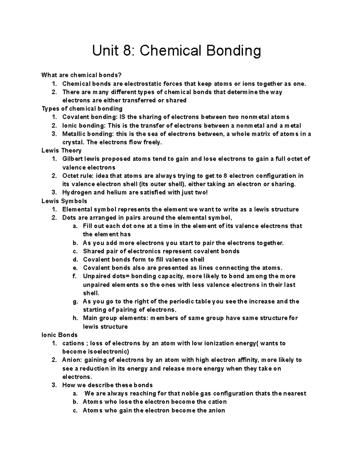 Unit 8: Chemical Bonding Overview and Key Concepts - Studocu