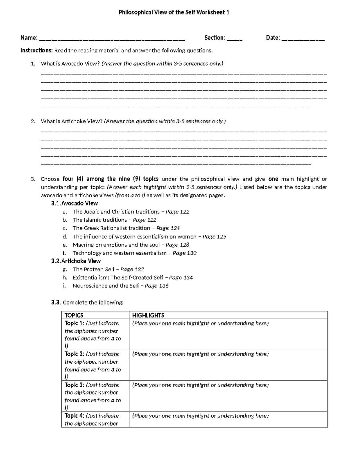 Philosophical View of the Self Worksheet 1: Avocado & Artichoke ...