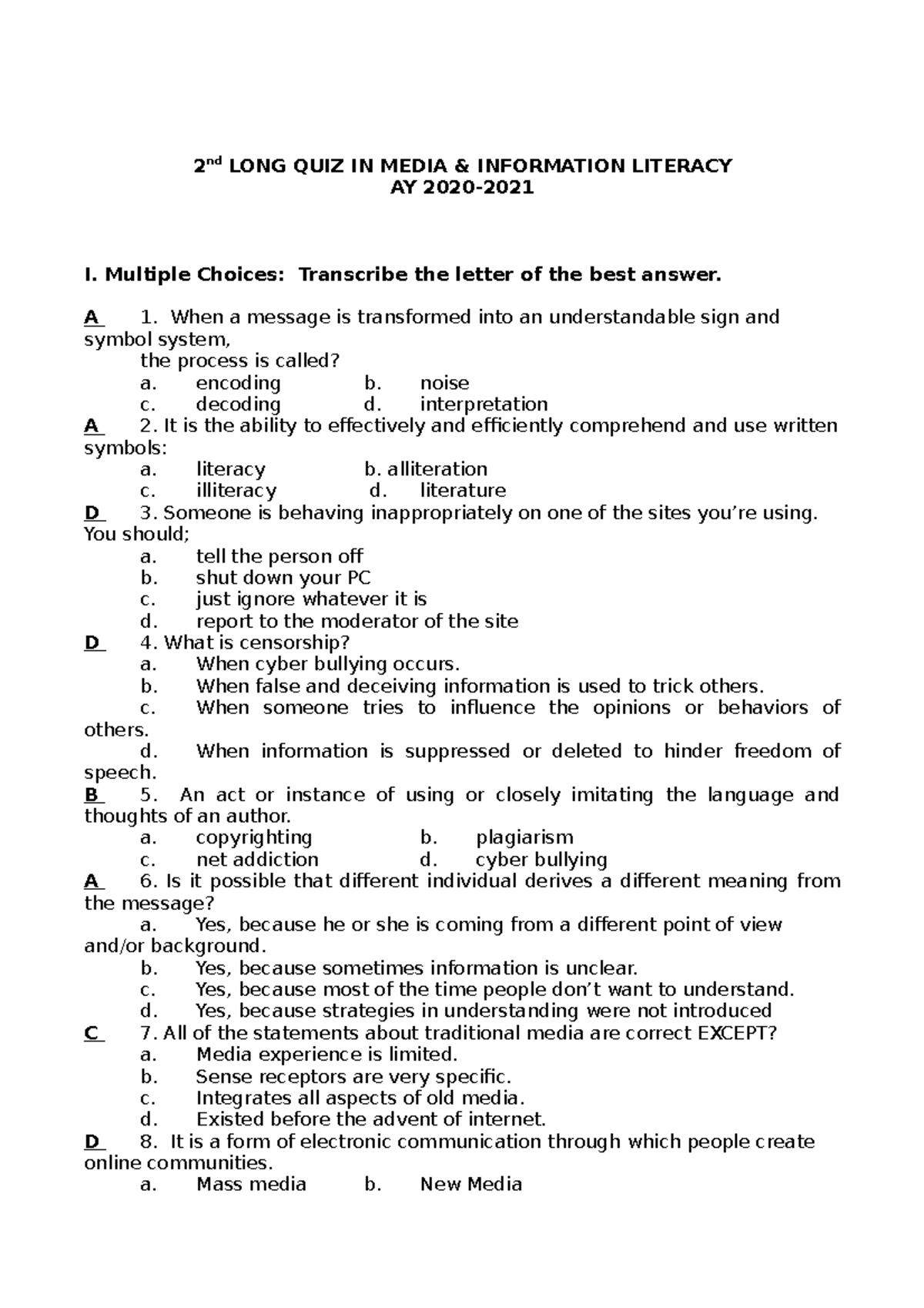 2nd Long Quiz in Media & Info Literacy (AY 2020-21) - Studocu
