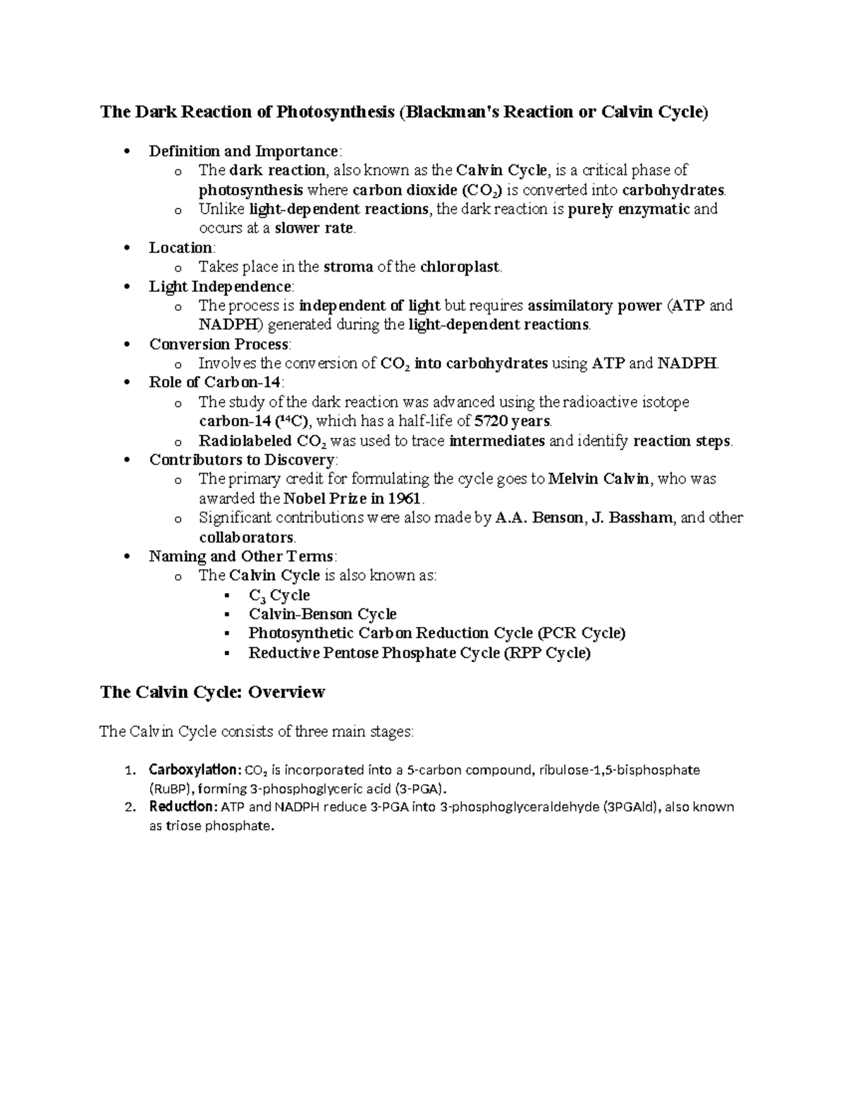 The Calvin Cycle: Detailed Notes on the Dark Reaction of Photosynthesis ...