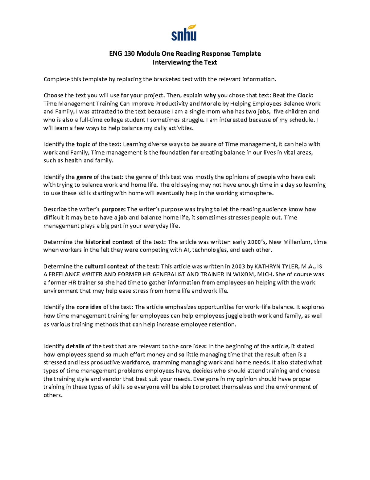 ENG 130 Module 1 Reading Response: Time Management Insights - Studocu