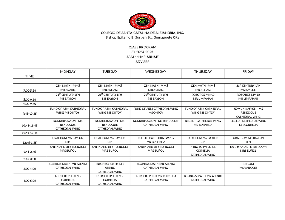SHS Class Program 2024-25 for ABM, HUMSS, STEM, and GAS - Studocu