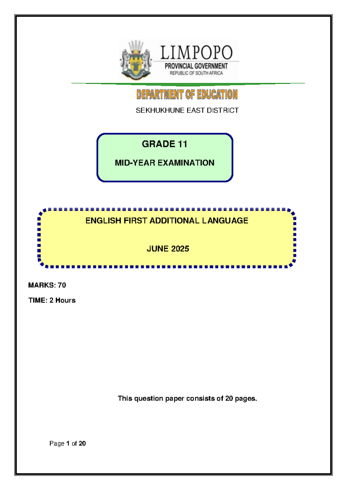 English FAL Grade 11 June 2025 Examination Paper 2 - Studocu