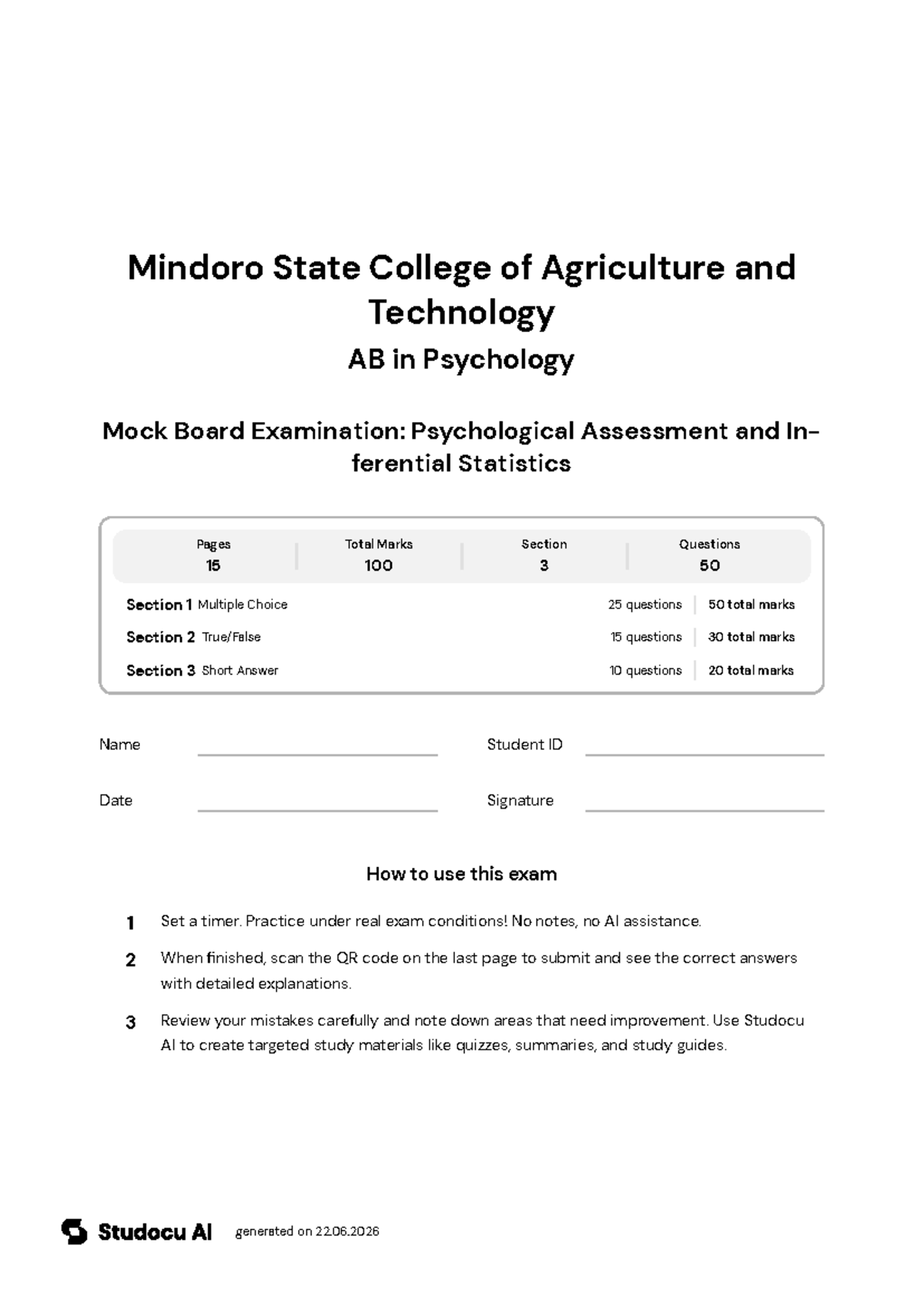 Mock Board Exam: Psych Assessment & Inferential Stats - Studocu