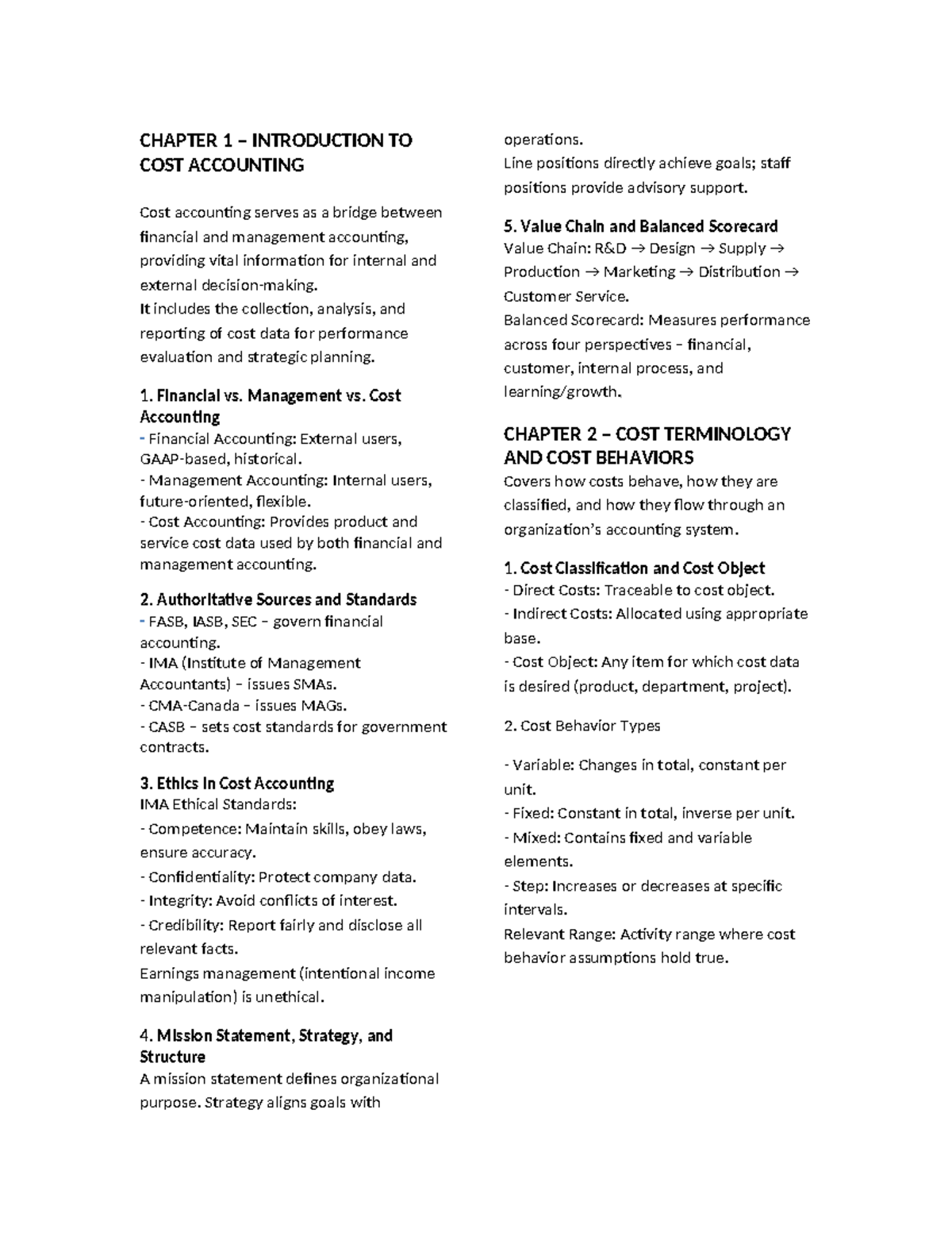 Cost Accounting (ACCT 101) Midterm Review: Key Concepts & Terminology - Studocu