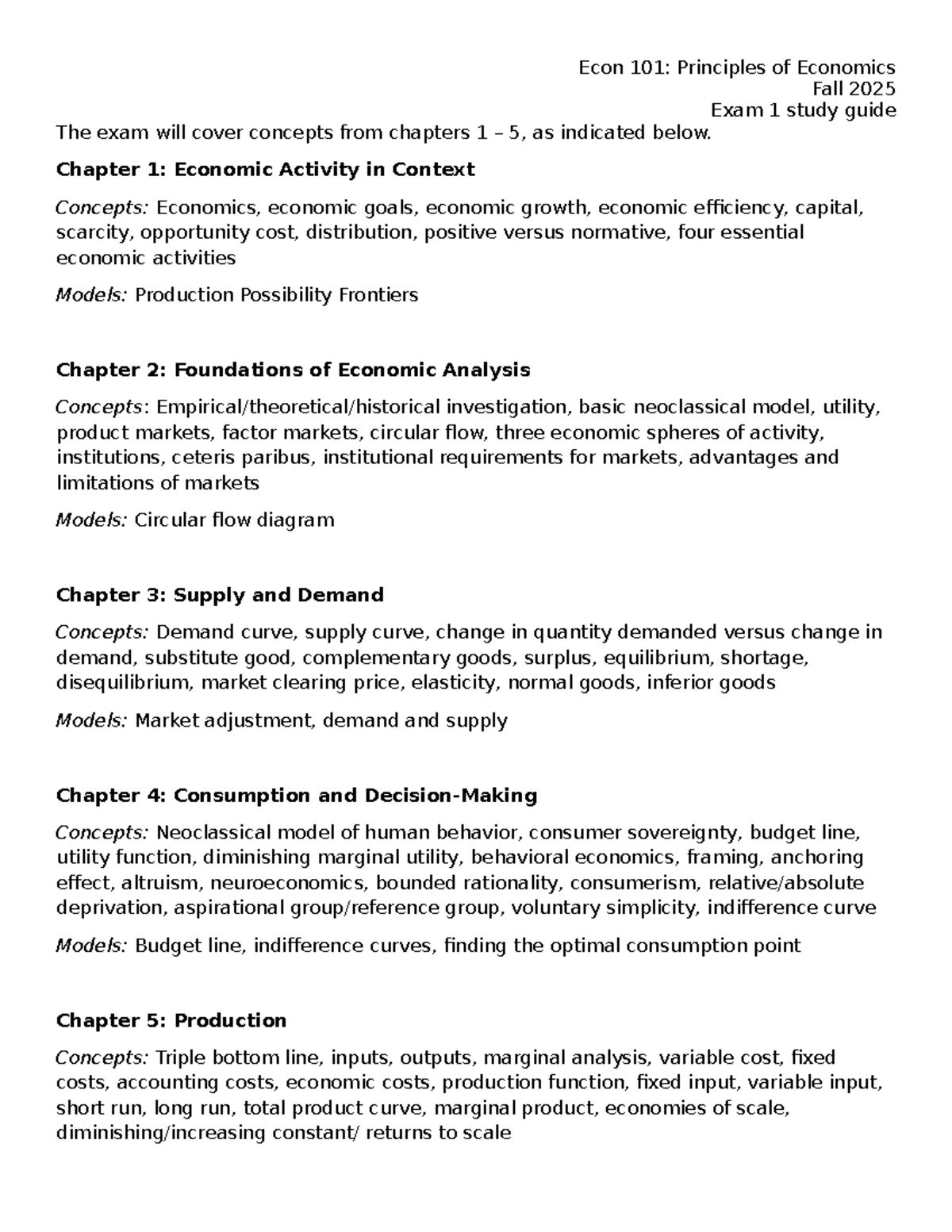 Econ 101: Principles of Economics Exam 1 Study Guide (Fall 2025) - Studocu