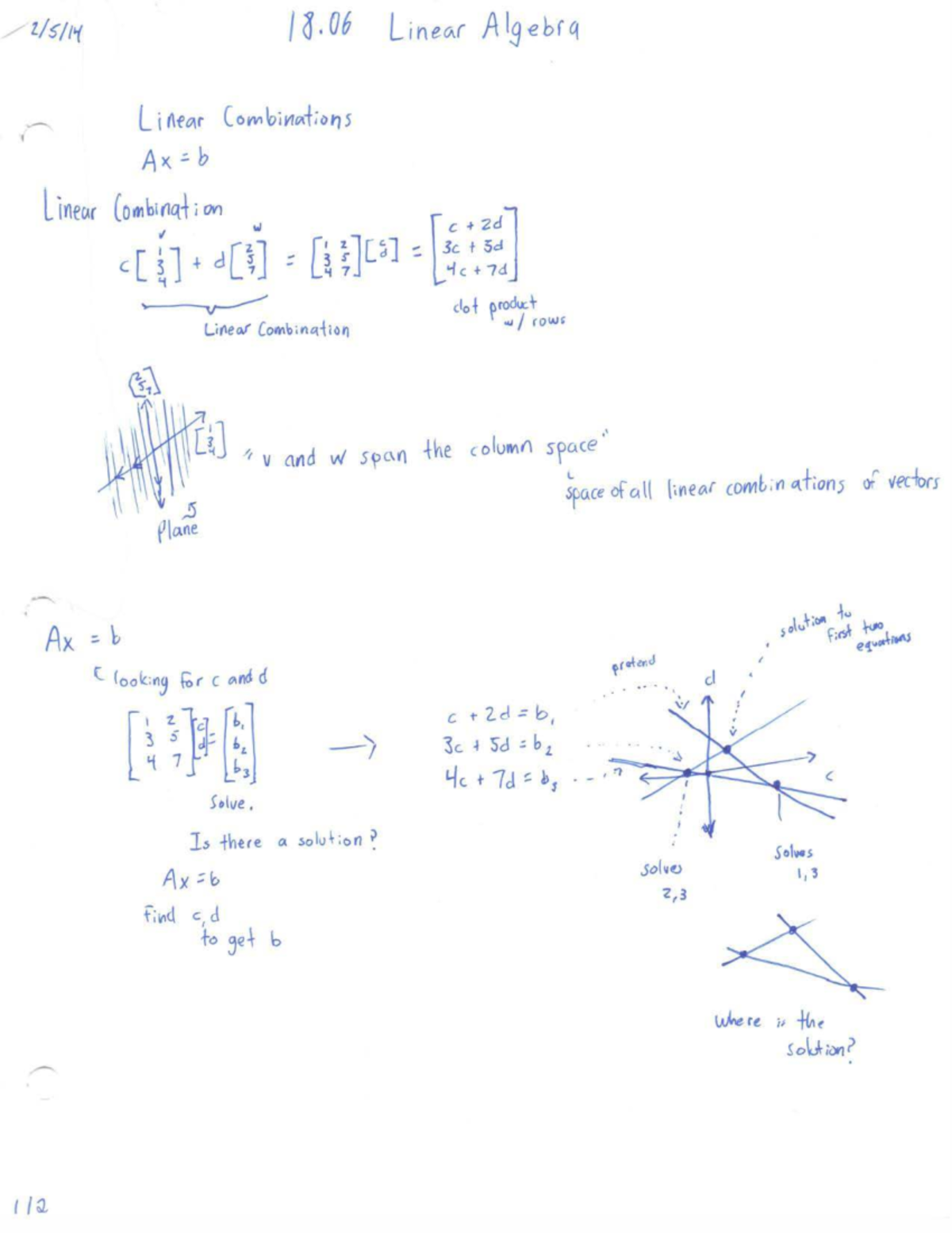18.06 Linear Algebra Lecture Notes: Linear Combinations & Matrices ...