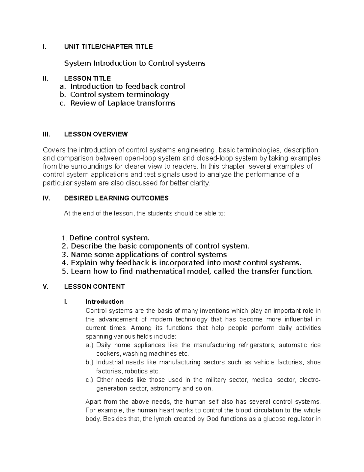 FCS module 1 - notes - I. UNIT TITLE/CHAPTER TITLE System Introduction ...