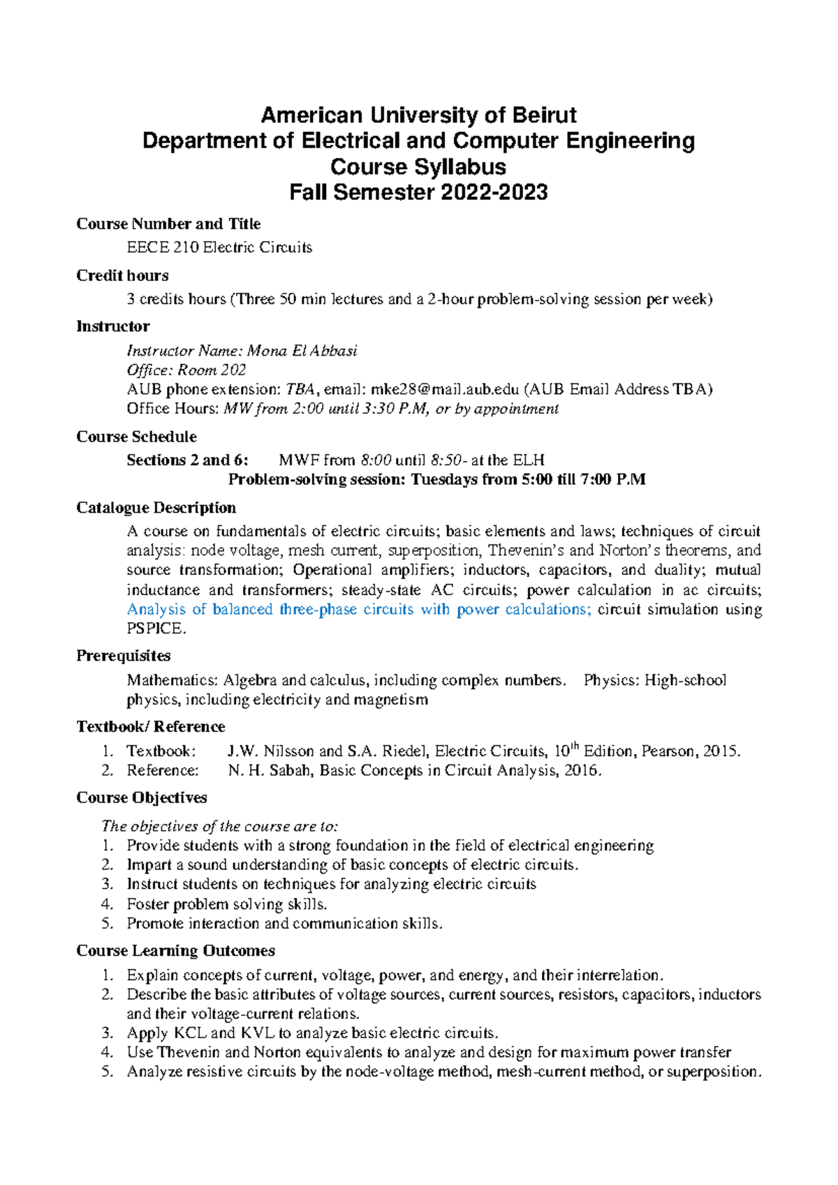 EECE 210 - Electric Circuits Course Syllabus - Fall 2022-2023 - Studocu