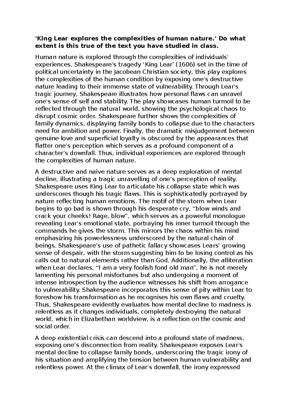 King Lear (ENG 101) - Analyzing Human Nature and Tragedy in Shakespeare ...