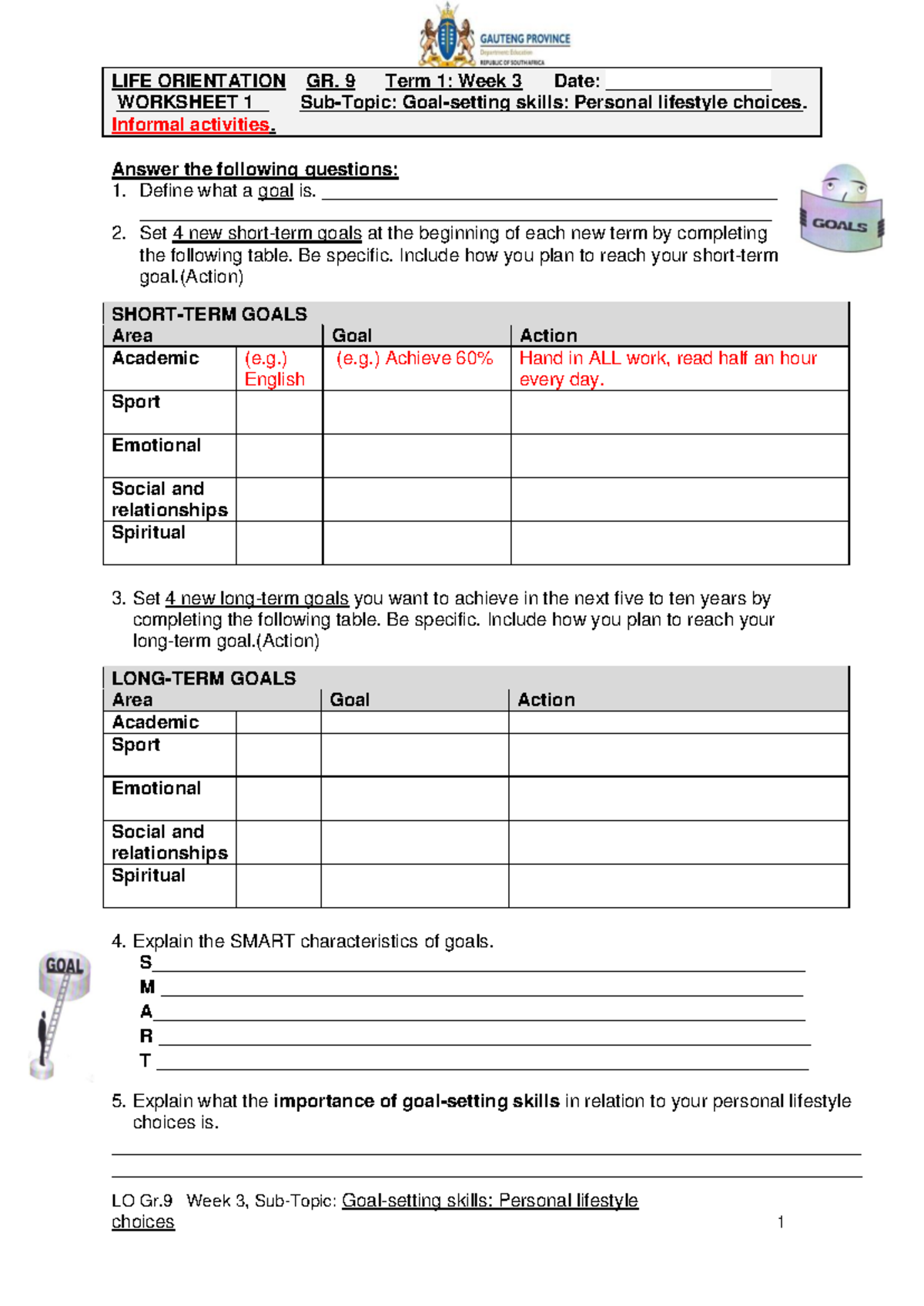 LO Gr. 9 Term 1: Week 3 Goal-Setting Skills & Personal Choices - Studocu