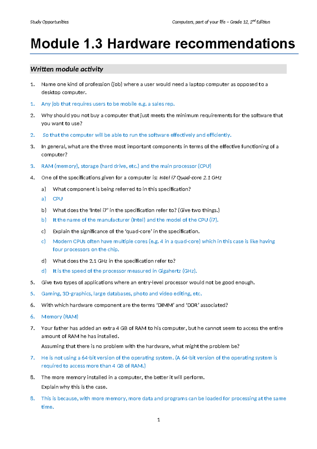 Grade 12 Computers: Module 1.3 Hardware Recommendations Study Guide ...