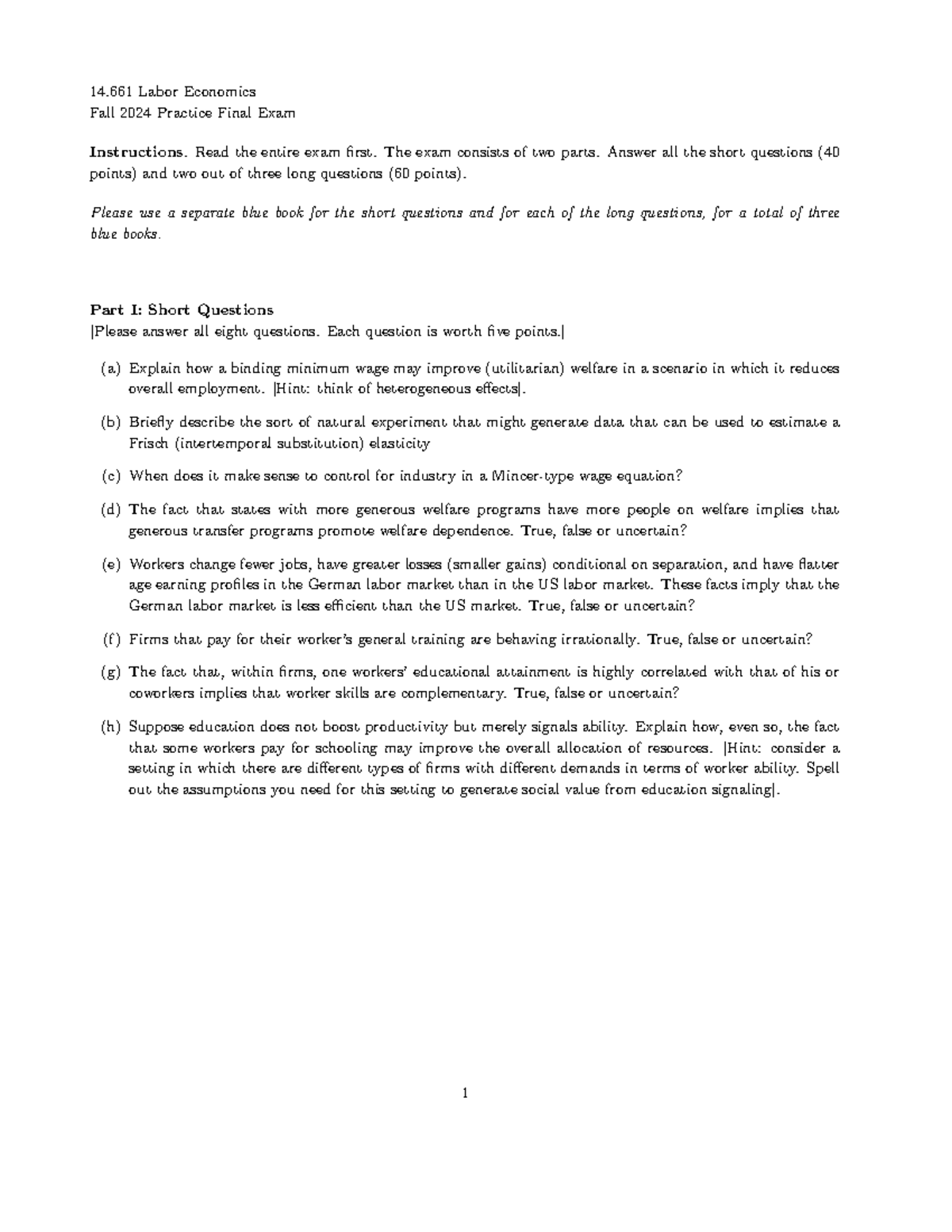 Mit 14.661 Labor Economics Fall 2024 Practice Final Exam Guide - Studocu