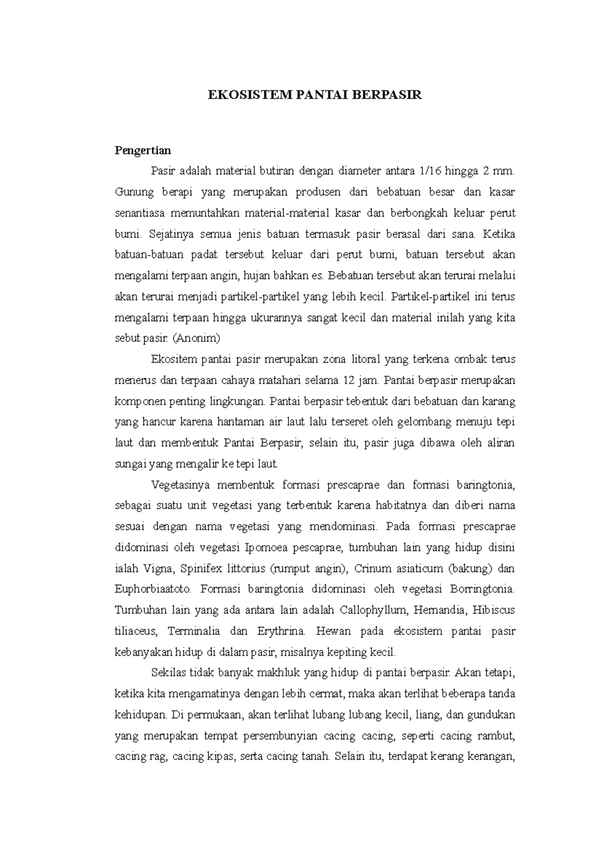 Studi Ekosistem Pantai Berpasir: Biota, Warna, dan Manfaatnya - Studocu